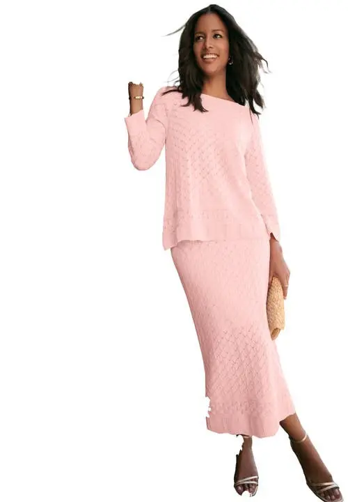 Roaman's Pointelle Knit Midi Skirt With Scalloped Hem - Soft Blush