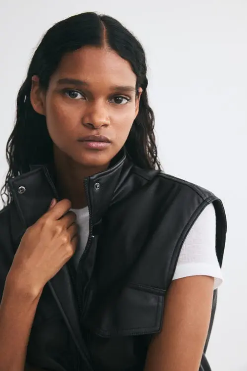 H&M Oversized Coated Vest With Stand Collar And Patch Pockets