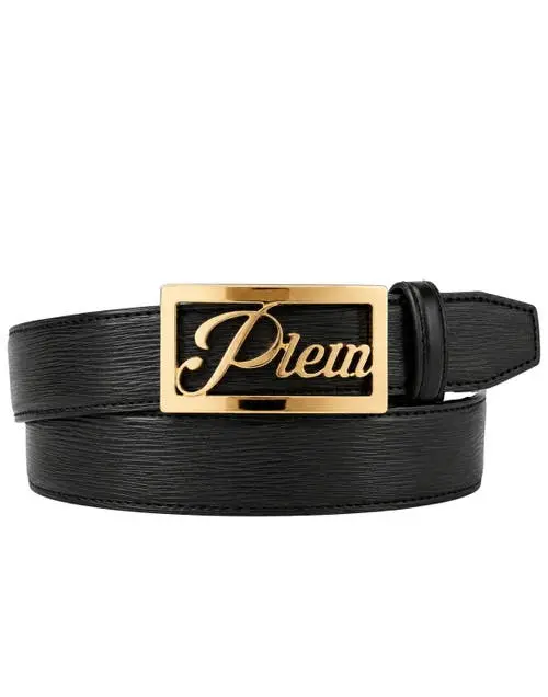 Philipp Plein Signature Logo Leather Belt - Black/lightgold