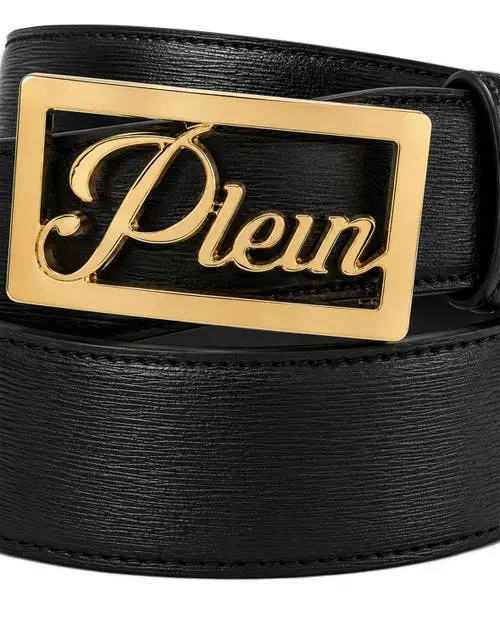 Philipp Plein Signature Logo Leather Belt - Black/lightgold