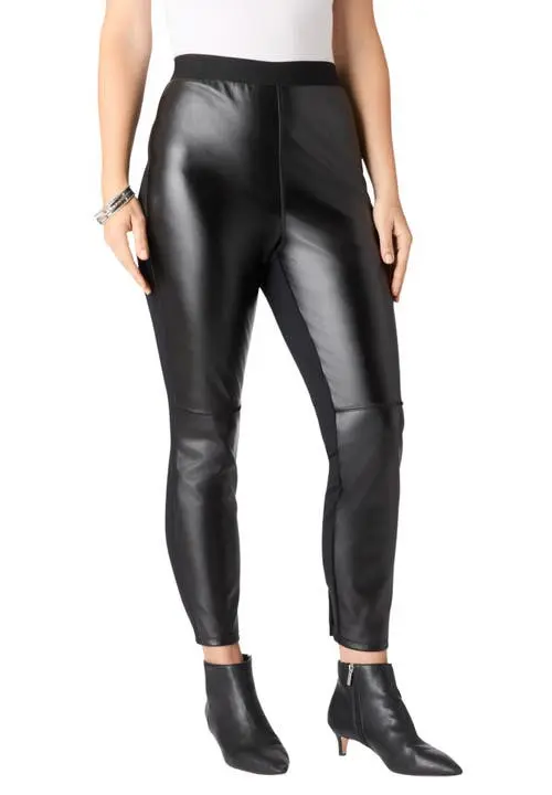 Roaman's Faux Leather Paneled Leggings - Black