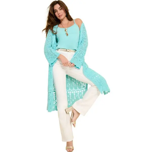 Roaman's Crochet Fringe Open Front Cardigan - Light Aqua