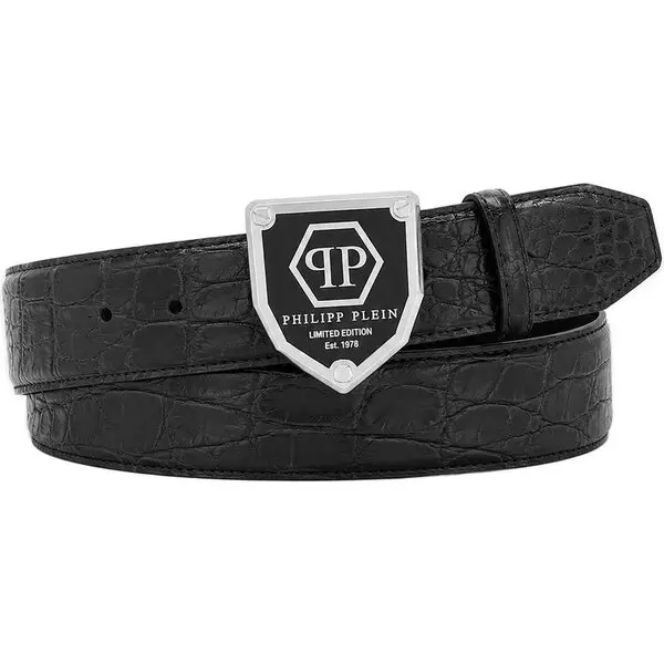 Philipp Plein Hexagonal Buckle Crocodile-effect Leather Belt - Black/nickel