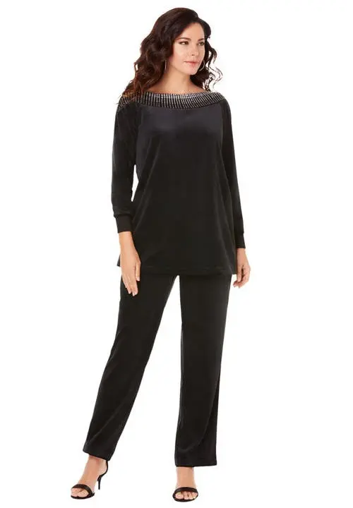 Roaman's Rhinestone Detailed Velour Off-the-shoulder Top And Elasticated Pants Set