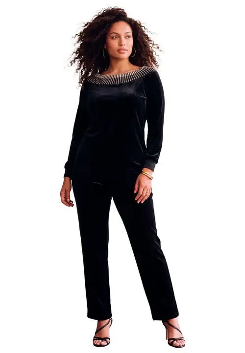 Roaman's Rhinestone Detailed Velour Off-the-shoulder Top And Elasticated Pants Set - Black
