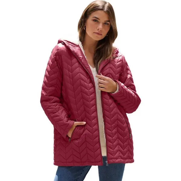 Roaman's Fleece Lined Quilted Jacket - Dark Cherry