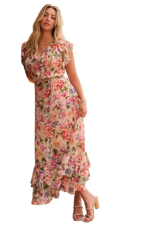 Roaman's Chiffon Wrap Maxi Dress With Ruffled Details