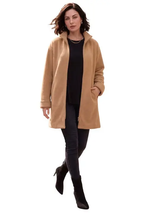 Roaman's Fleece Zip-up Coat - Soft Camel
