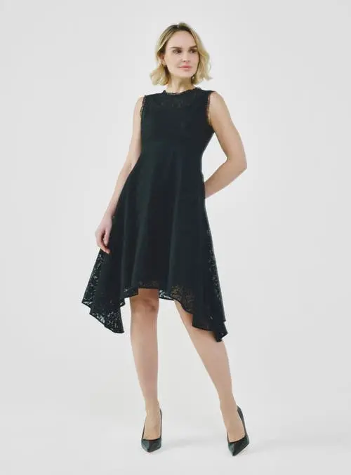 A.SHIMUS Sleeveless Organic Cotton Lace High Neck Asymmetric Hem Dress - Black