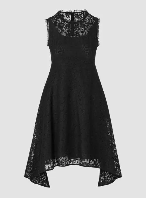 A.SHIMUS Sleeveless Organic Cotton Lace High Neck Asymmetric Hem Dress - Black