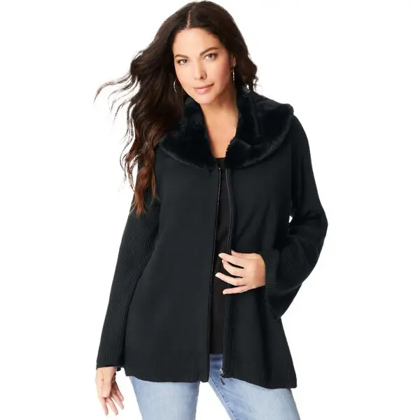 Roaman's Faux Fur Collar Zip-up Cardigan Sweater