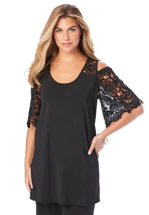 Roaman's Cold Shoulder Ultrasmooth Fabric Tunic With Lace Trim