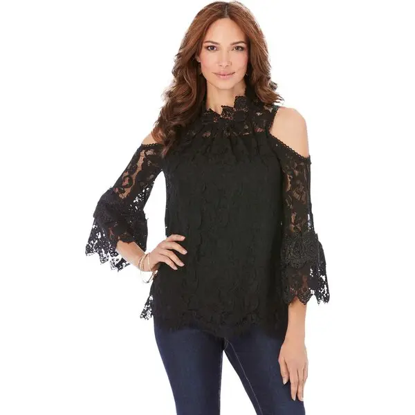Roaman's Lace Cold Shoulder Top - Black