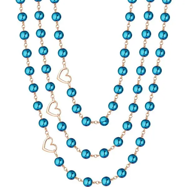 REJECTED HEARTS CLUB Celeste Hematite 3-layer Necklace With Rose Gold Heart Charms - Blue