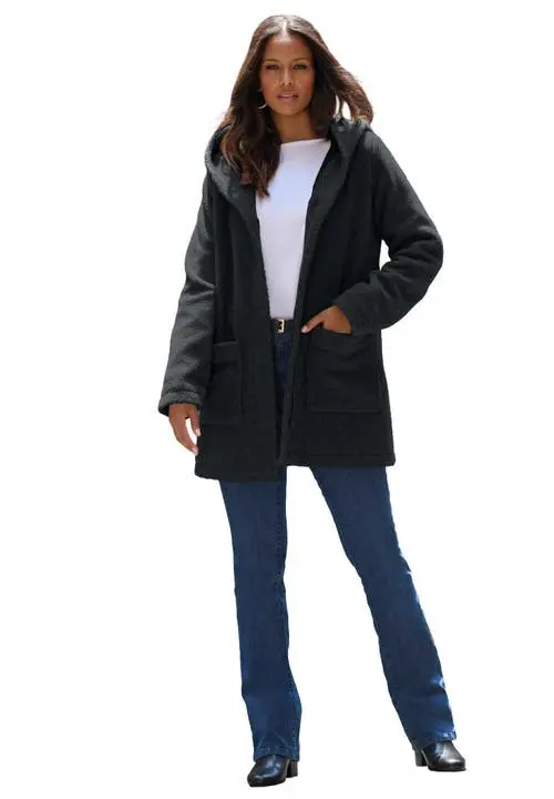 Roaman's Hooded Teddy Fleece Coat - Black