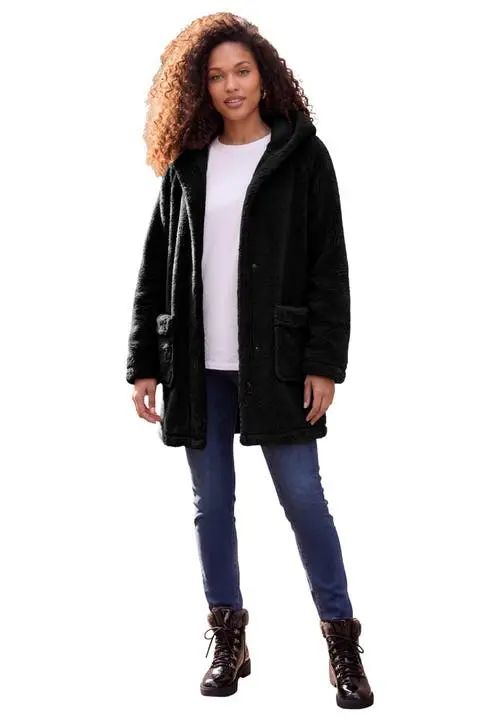 Roaman's Hooded Teddy Fleece Coat - Black