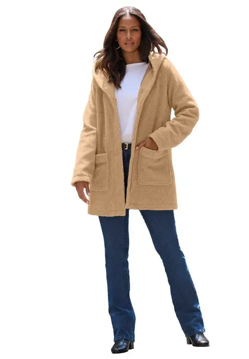 Roaman's Hooded Teddy Fleece Coat - Soft Camel