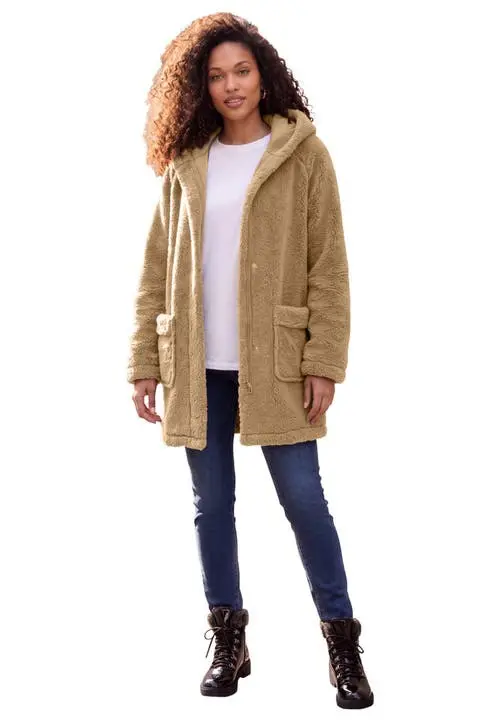 Roaman's Hooded Teddy Fleece Coat - Soft Camel