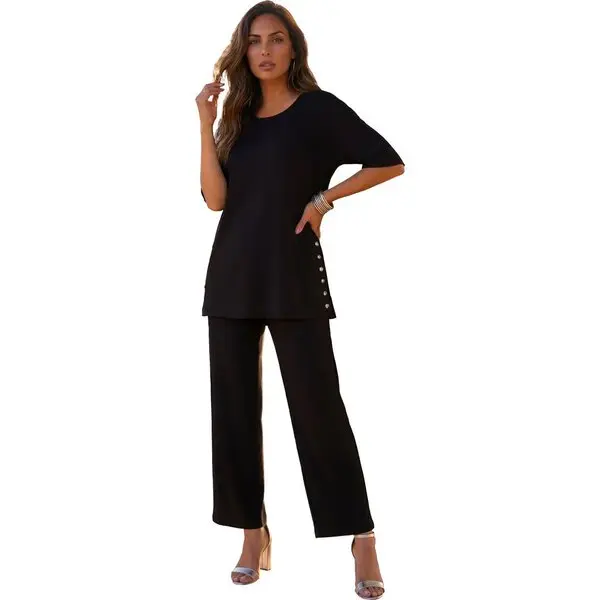 Roaman's French Terry Wide Leg Cropped Pant Set - Black