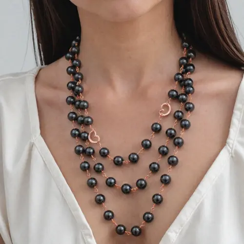 REJECTED HEARTS CLUB Heiress Hematite 3-layer Necklace With Rose Gold Heart Accents