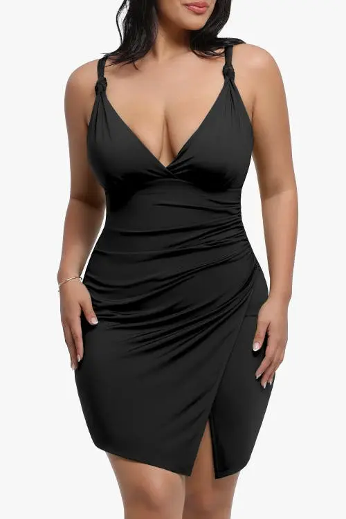 POPILUSH Sculpting Mini Dress With Deep V-neck And Side Slit - Classic Black