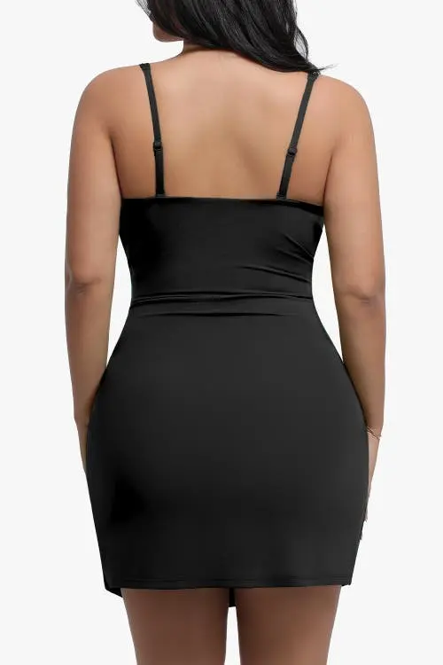 POPILUSH Sculpting Mini Dress With Deep V-neck And Side Slit - Classic Black