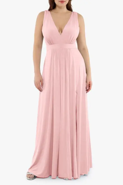 POPILUSH Deep V-neck Maxi Dress With Front Slit And Shaping Lining - Blush