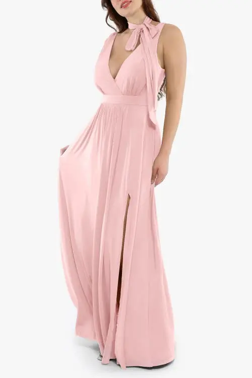 POPILUSH Deep V-neck Maxi Dress With Front Slit And Shaping Lining - Blush