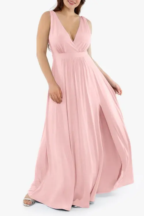 POPILUSH Deep V-neck Maxi Dress With Front Slit And Shaping Lining - Blush