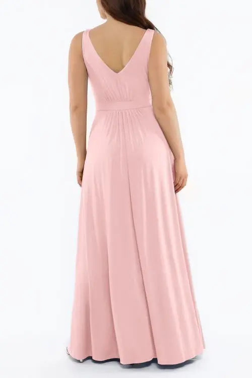 POPILUSH Deep V-neck Maxi Dress With Front Slit And Shaping Lining - Blush