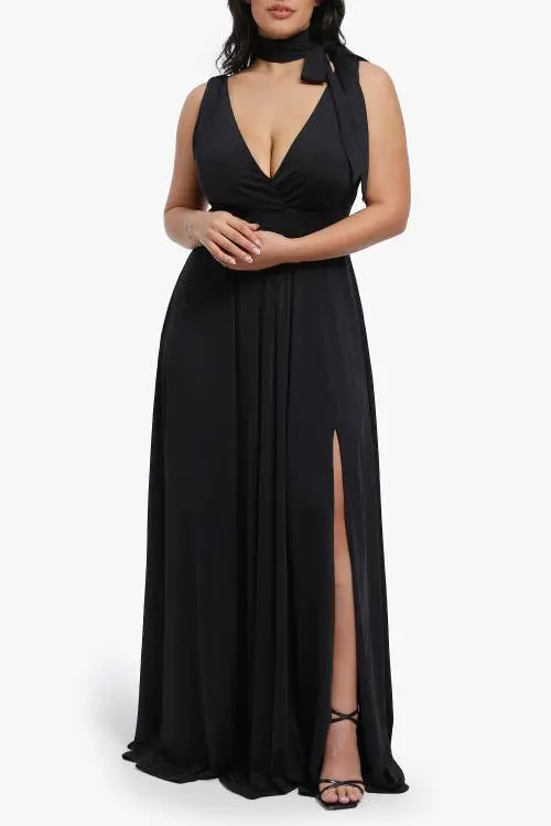 POPILUSH Deep V-neck Maxi Dress With Front Slit And Shaping Lining - Jet
