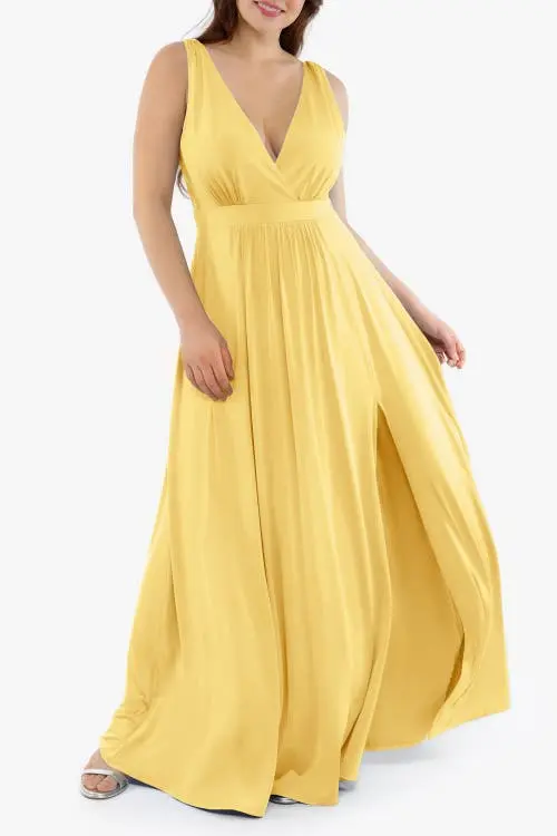POPILUSH Shapewear Deep V-neck Front Slit Goddess Maxi Dress - Lemon