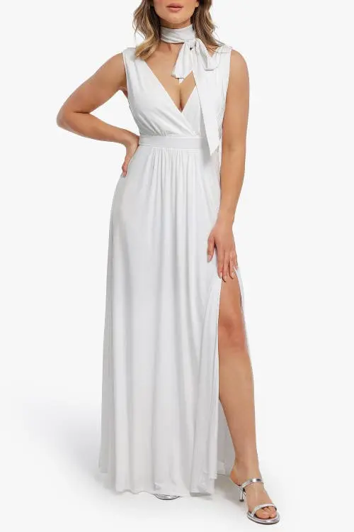 POPILUSH Deep V-neck Maxi Dress With Front Slit And Shaping Lining - Snow