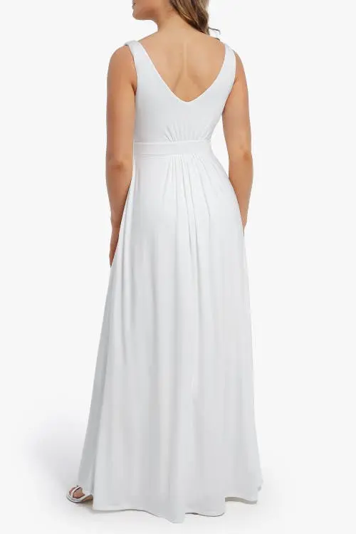 POPILUSH Deep V-neck Maxi Dress With Front Slit And Shaping Lining - Snow