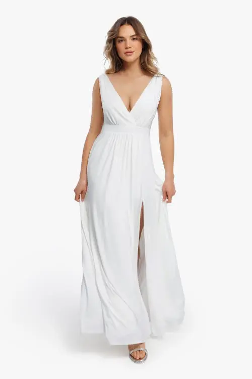 POPILUSH Deep V-neck Maxi Dress With Front Slit And Shaping Lining - Snow