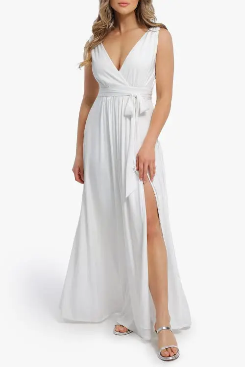 POPILUSH Deep V-neck Maxi Dress With Front Slit And Shaping Lining - Snow