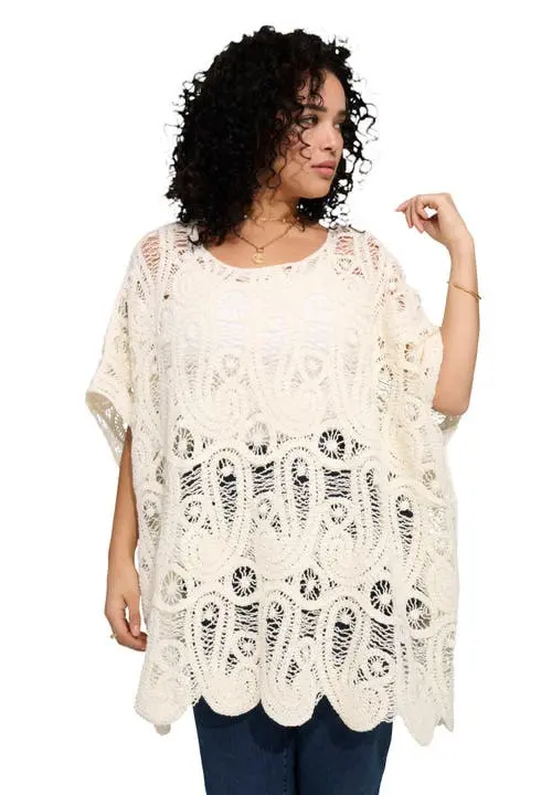 Roaman's Crochet Paisley Openwork Scoop Neck Poncho