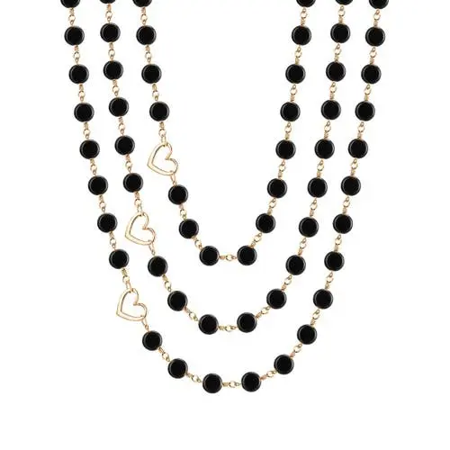 REJECTED HEARTS CLUB Onyx Glass Bead 3-layer Necklace With Rose Gold Heart Charms - Black