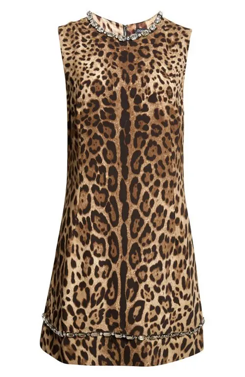 Dolce & Gabbana Leopard Print Stretch Cady Embellished Mini Dress