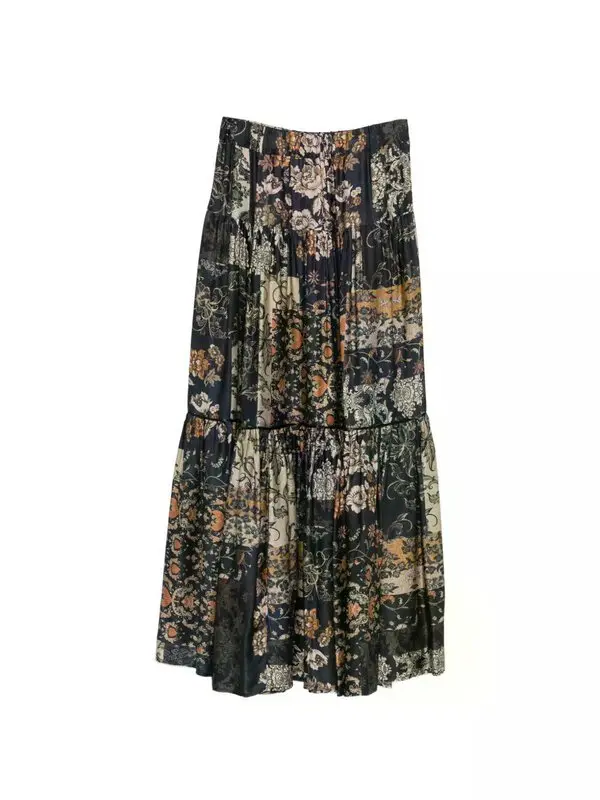 Liu Jo Floral Patchwork Tiered Midi Skirt - Black
