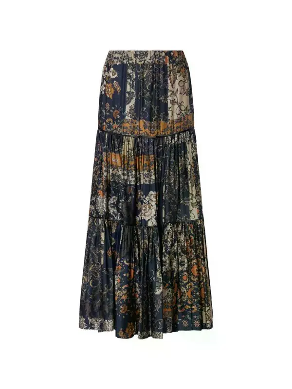 Liu Jo Floral Patchwork Tiered Midi Skirt - Black