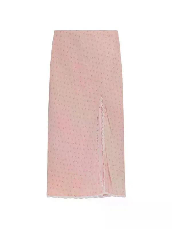 LoveShackFancy Silvia Floral Print Lace Trim Maxi Skirt - Pink