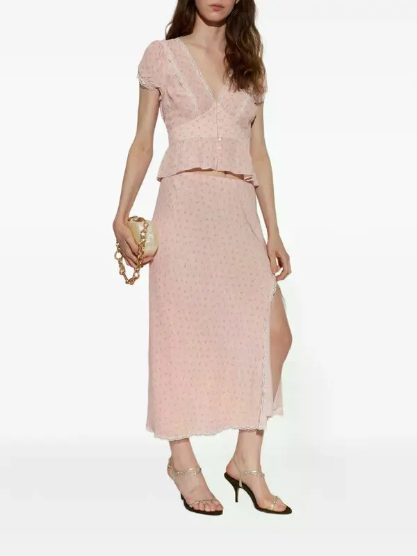 LoveShackFancy Silvia Floral Print Lace Trim Maxi Skirt - Pink