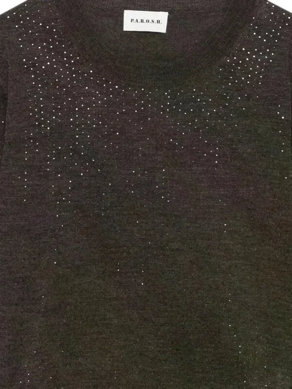 P.a.r.o.s.h Rhinestone Embellished Fine Knit Crew Neck Top - Brown