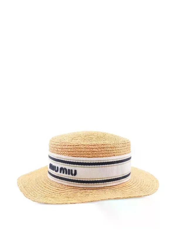 Miu Miu 2010s Logo-detail Raffia Hat - Neutrals