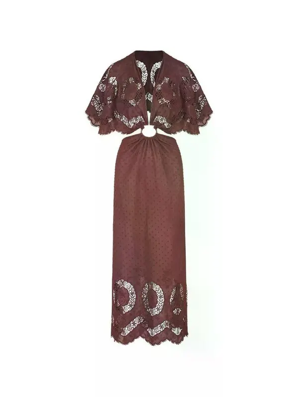 Johanna Ortiz Burgundy Eyelet Maxi Dress With Ring Detail - Red