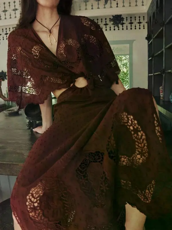 Johanna Ortiz Burgundy Eyelet Maxi Dress With Ring Detail