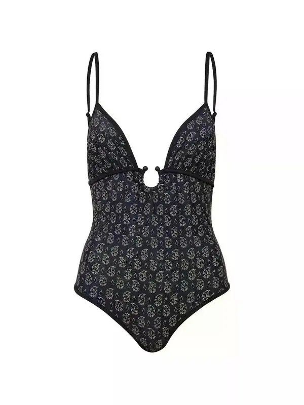 Johanna Ortiz Paisley Print V-neck One Piece Swimsuit - Black