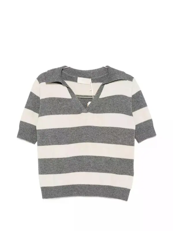 I BLUES Striped Knit V-neck Polo Top