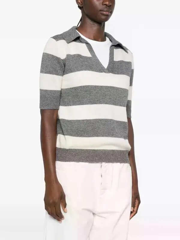 I BLUES Striped Knit V-neck Polo Top